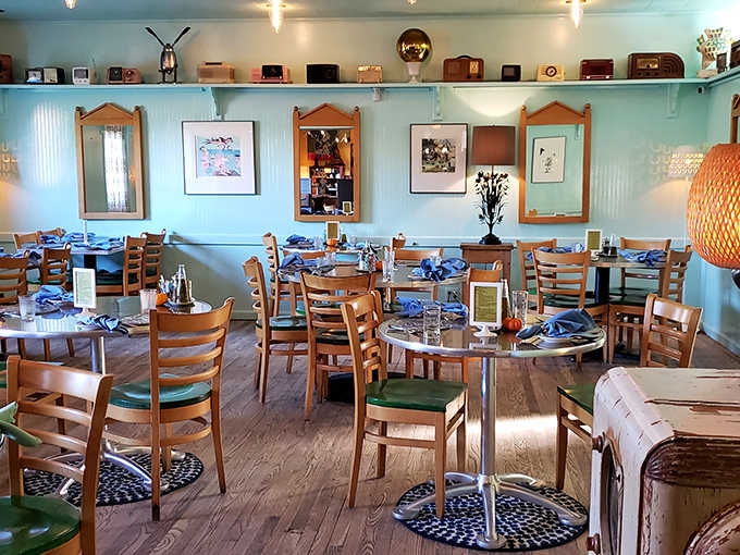 Another angle of the dining room reveals thoughtful design details that make every seat feel like the right choice.