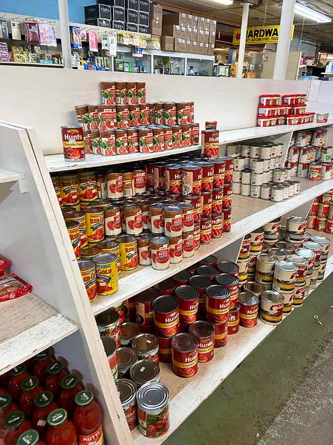 Canned goods stacked high and priced right, proving pantry staples don't need premium price tags.