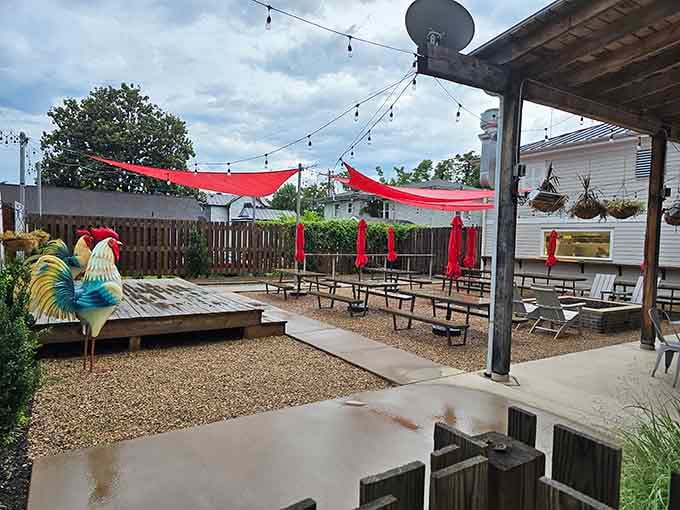 The outdoor patio provides fresh air, shade sails, and the perfect spot for enjoying Virginia weather.