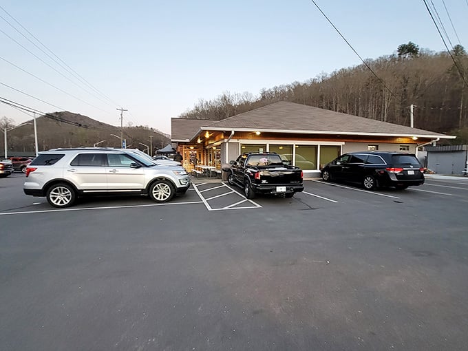 Mountains frame the parking lot, reminding you that great food tastes even better in beautiful surroundings like these.