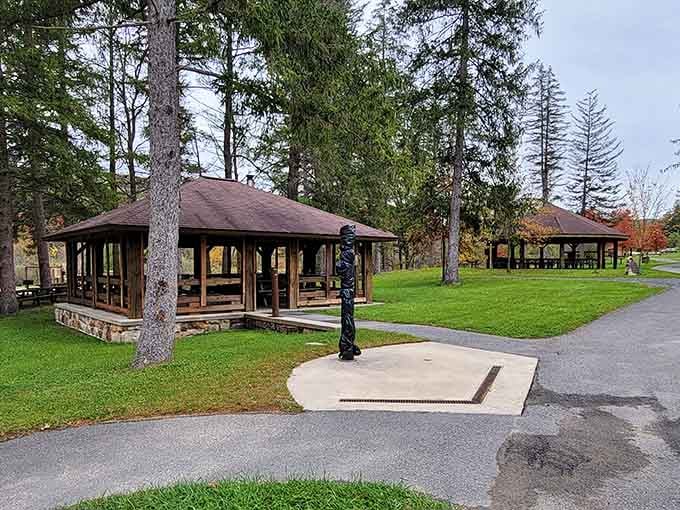 Covered pavilions offer the perfect spot for picnics where the biggest decision is which sandwich to eat first.