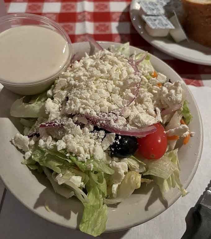 This Greek salad comes loaded with feta cheese, because moderation is overrated when it comes to quality ingredients.