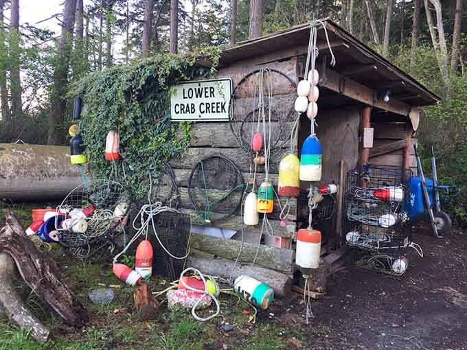 Lower Crab Creek's quirky collection of buoys and fishing gear celebrates the island's maritime soul with authentic, unpolished character.