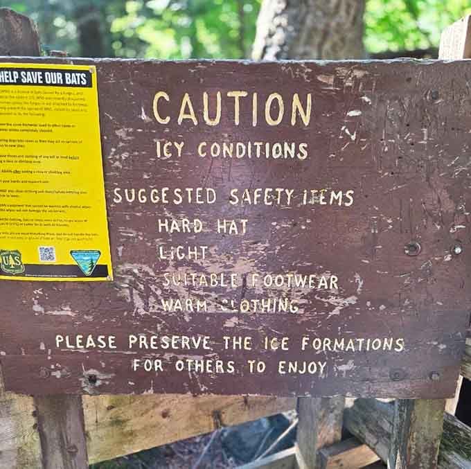 Safety reminders written in all caps mean business, because slippery ice and hard hats are serious companions.