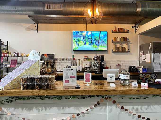 The order counter where caffeinated dreams come true, complete with espresso machine and cat-themed decor throughout.