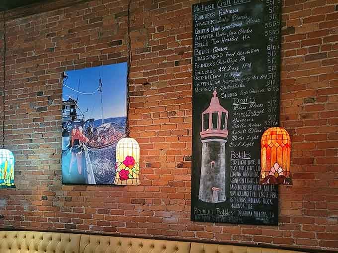 Exposed brick adorned with lighthouse art and chalkboard specials adds character without trying too hard.