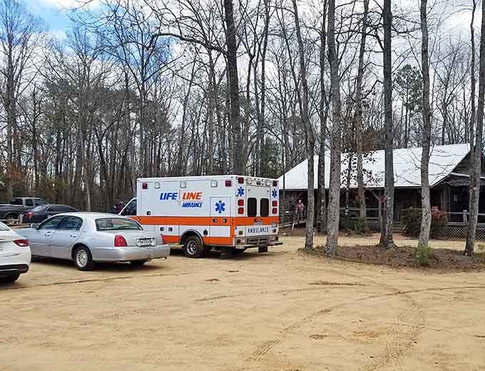 Even the parking lot has character, with that ambulance adding to the quirky, anything-goes vibe of this unique establishment.