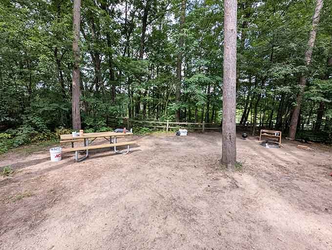 Your campsite headquarters: where picnic tables become dining rooms, planning centers, and card game battlegrounds.