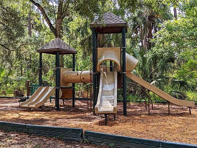 The playground equipment sits nestled among towering trees, proving kids and nature make the perfect combination.