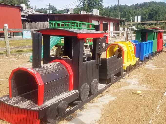 This colorful wooden train offers young visitors a stationary journey through their agricultural imagination and dreams.