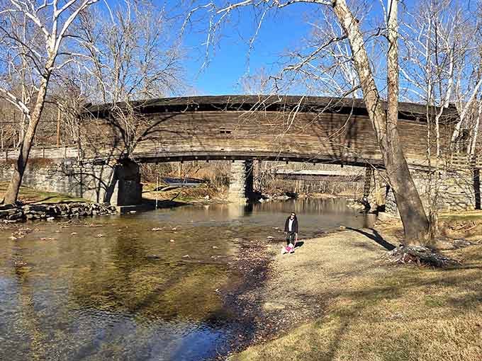 Wade into Dunlap Creek and look back at the bridge for a perspective most people miss entirely.
