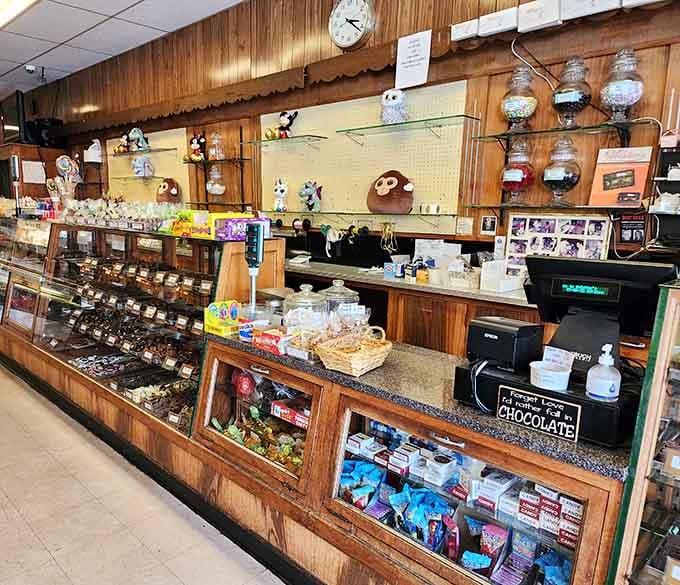 The order counter displays chocolates and treats like edible treasures, tempting you before you've even sat down.