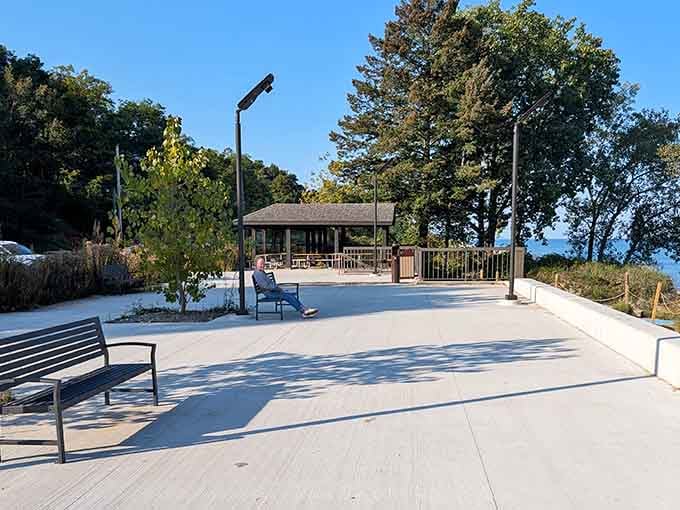 Benches positioned perfectly for contemplating life's mysteries while Lake Michigan provides the soundtrack and the view.