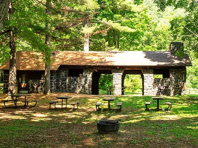 The park pavilion provides shelter and facilities, proving wilderness doesn't mean sacrificing basic human comforts entirely.