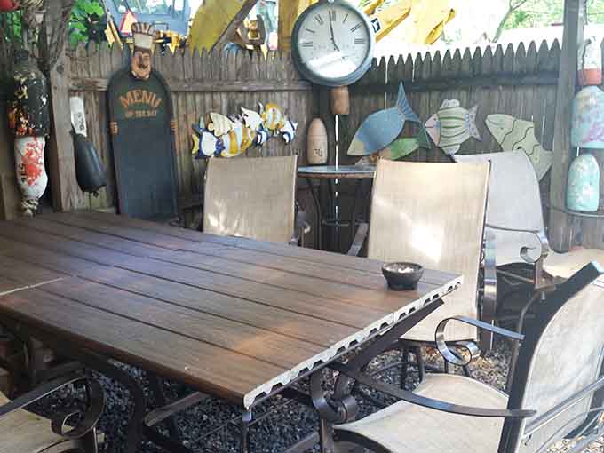 The outdoor seating area features whimsical decorations that prove eating great food should always come with a side of fun.