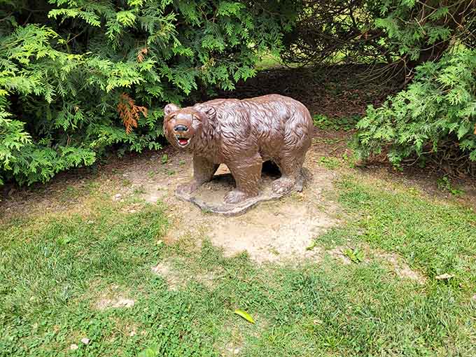 A friendly bear emerges from the woods, adding a touch of local wildlife to the park's collection of fantastical creatures.