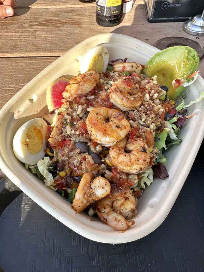 Shrimp power bowl proving that eating well can still mean eating really, really well.