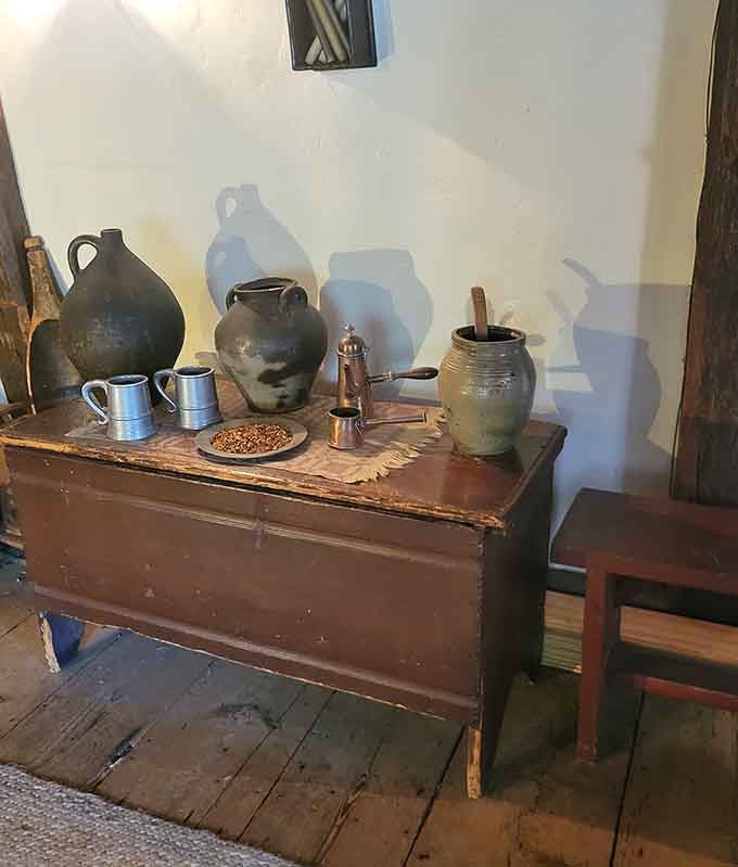 Pottery jugs held everything from water to ale, because colonial life required constant hydration without refrigeration.