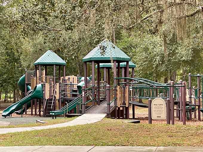 The playground keeps little ones entertained while parents dream about their next float down the lazy river.