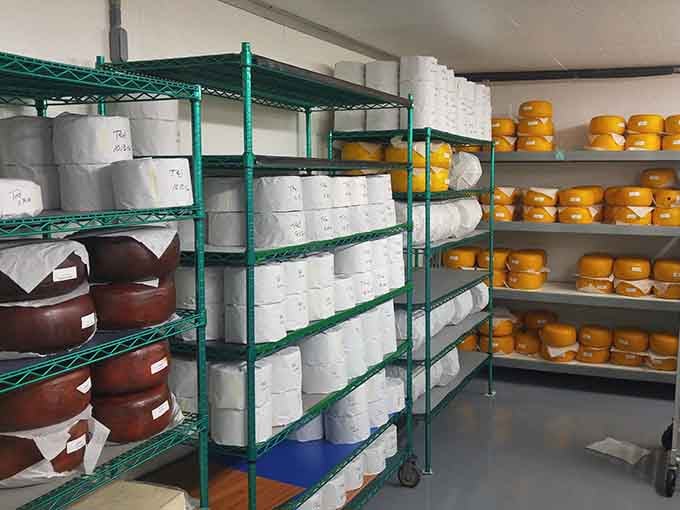 The aging room where patience becomes flavor, with wheels and rounds developing complexity you can't rush or fake.
