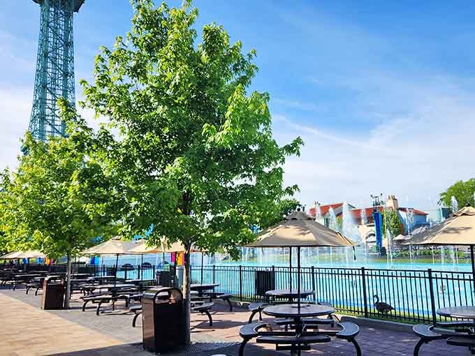 Shaded picnic tables offer respite for weary feet, where you can plot your next coaster conquest over lunch.