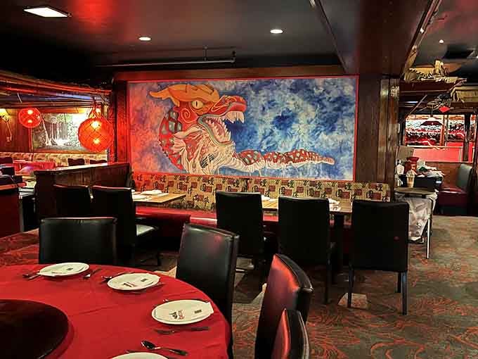 Dragon murals and red lanterns set a dramatic stage where your General Tso's chicken becomes an epic tale.