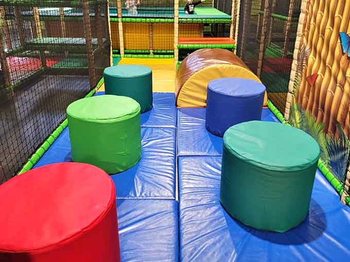 Soft cylinders create an obstacle course that's challenging enough to matter but forgiving enough to encourage bravery.