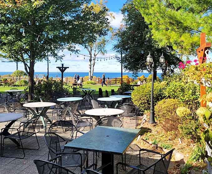 Lake Michigan views frame the outdoor patio where Polish food meets pure northern Michigan summer bliss.