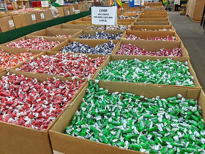 Bulk candy bins overflow with colorful treats, making portion control suddenly seem like an optional suggestion.