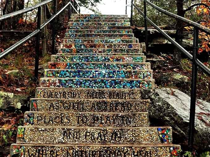 These mosaic stairs add unexpected artistry to the hike, proving that function and beauty can absolutely coexist here.