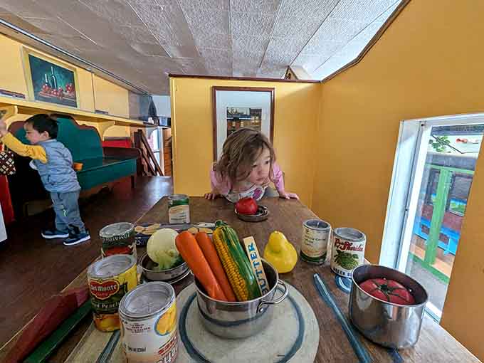 Pretend cooking stations let kids whip up imaginary feasts with vegetables that never need actual refrigeration.