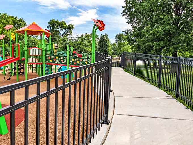 Wide, smooth pathways connect every area, ensuring wheelchairs and walkers navigate as easily as running feet do here.