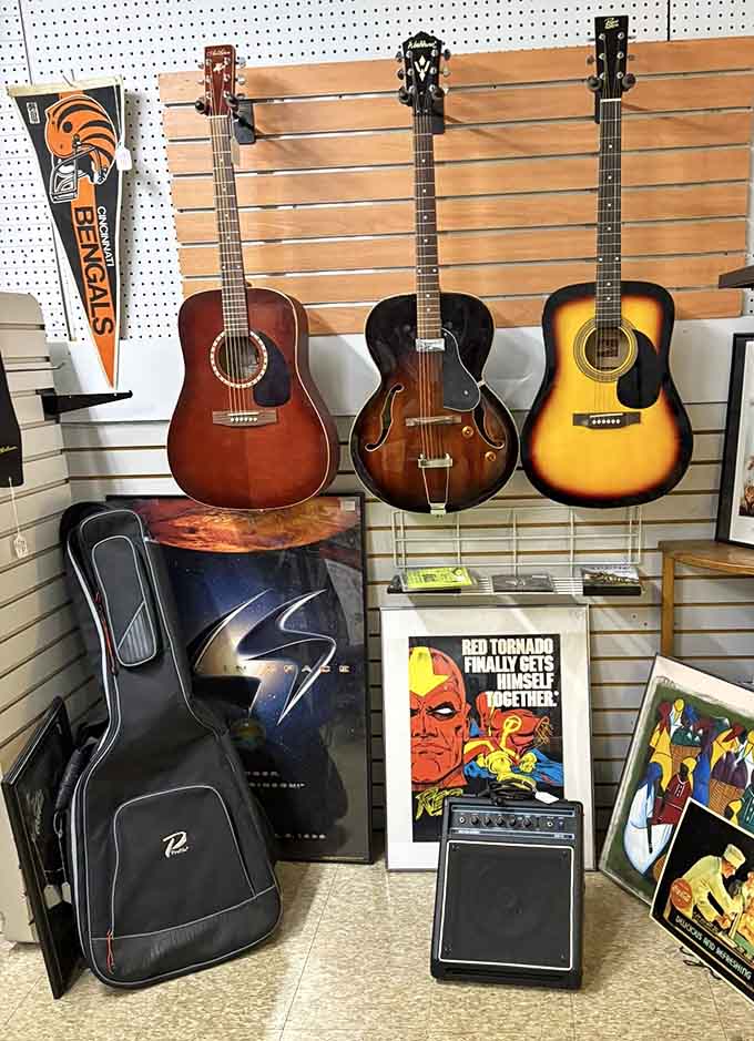 Guitars waiting to make music again, surrounded by memorabilia that rocks harder than your nephew's garage band.