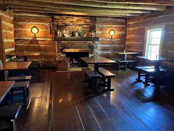 Wide plank floors and rustic beams create an atmosphere where Ben Franklin would feel right at home.
