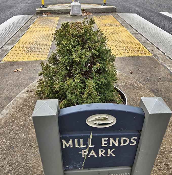 Looking down at the park reveals its true miniature nature, a perfectly maintained circle of green in concrete surroundings.