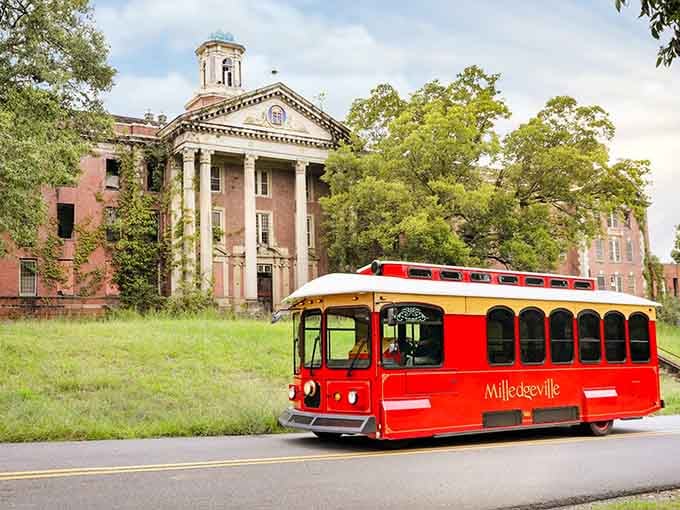 The trolley passes the Old Governor's Mansion, where Greek Revival columns remind you this town once ran the entire state.