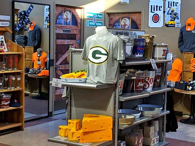 Packers gear shares shelf space with brewery swag, because in Wisconsin, these loyalties naturally go together.