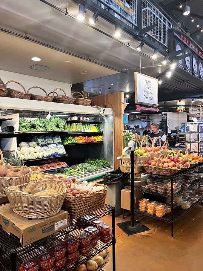 Fresh produce arranged in rustic baskets, looking like a farmer's market decided to move indoors and get fancy.