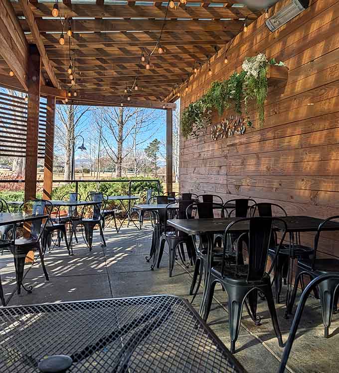 The outdoor patio offers fresh air and string lights, perfect for those Colorado mornings when inside feels criminal.