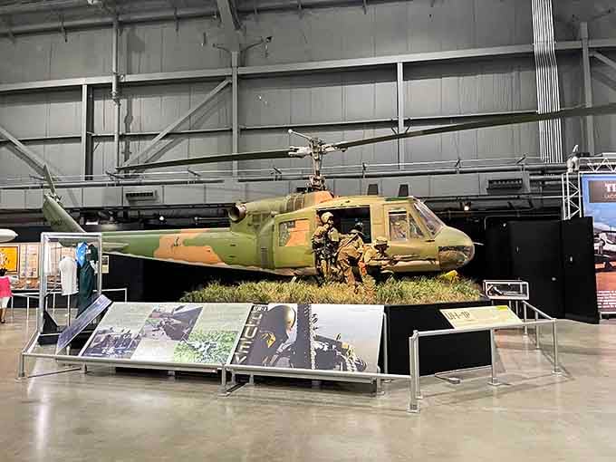 The Huey helicopter brings Vietnam-era history into sharp focus, rotors frozen but memories still spinning.