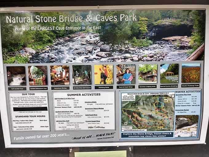 This information board holds the keys to planning your perfect cave-exploring, bridge-crossing, nature-loving day out here.