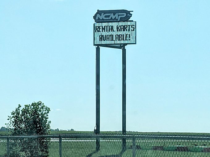 The roadside sign promises rental karts, which is code for "prepare to have ridiculous amounts of fun."