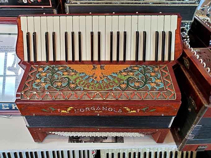 Hand-painted floral designs on this L'Organola accordion remind us that instruments were once crafted as works of functional art.