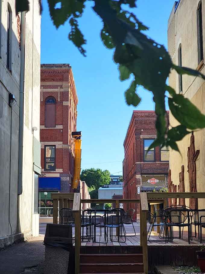 Alleyway dining spaces transform forgotten corners into charming spots for conversation and cold beverages.