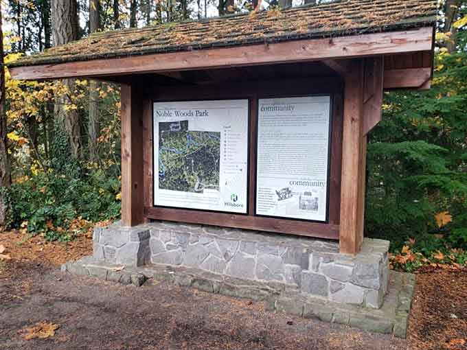 The information board shares trail maps and park details for visitors who actually read signs instead of just winging it.