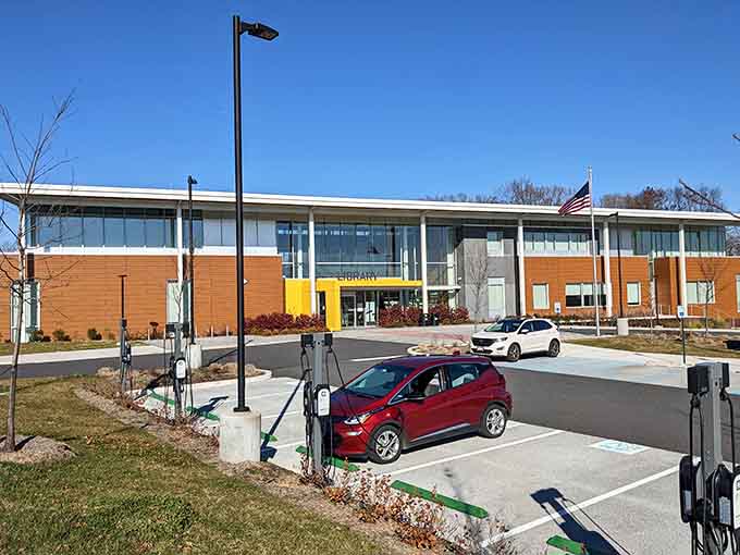 Modern meets charming at the North East Library, where community gathering spaces actually look inviting.
