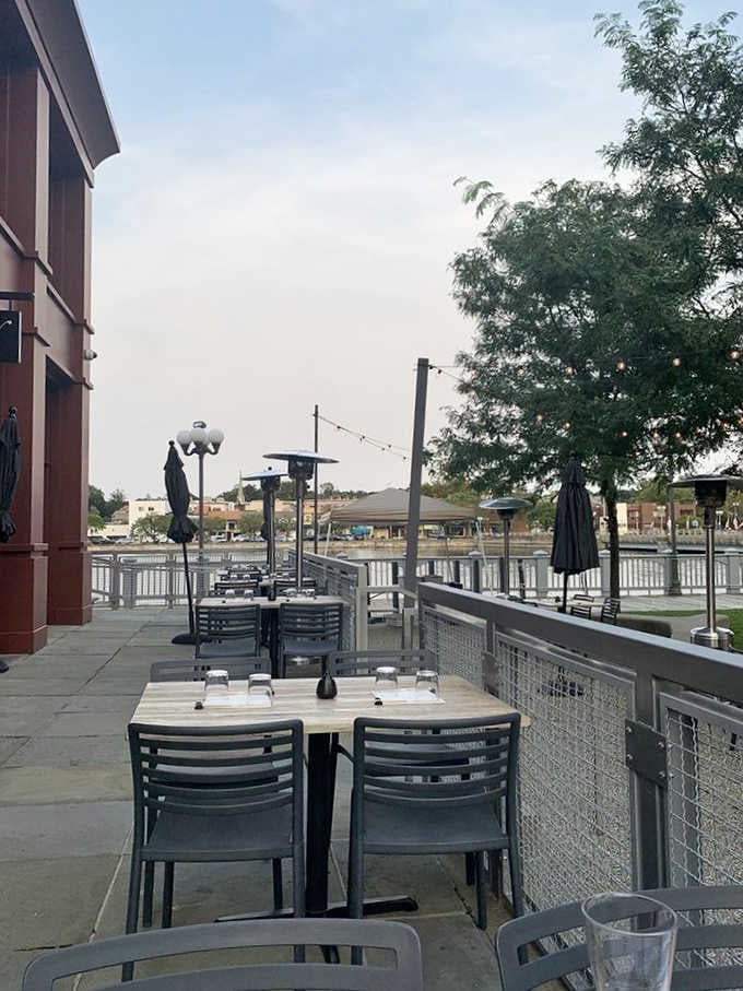 Waterside dining with string lights overhead creates the perfect setting for Japanese cuisine under Connecticut's beautiful open skies.