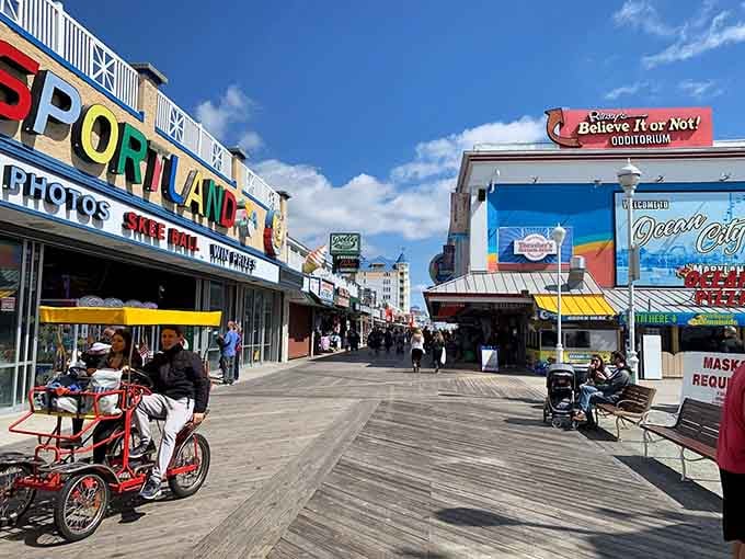 Boardwalk shops line up like a carnival of capitalism, each one promising treasures you absolutely don't need.