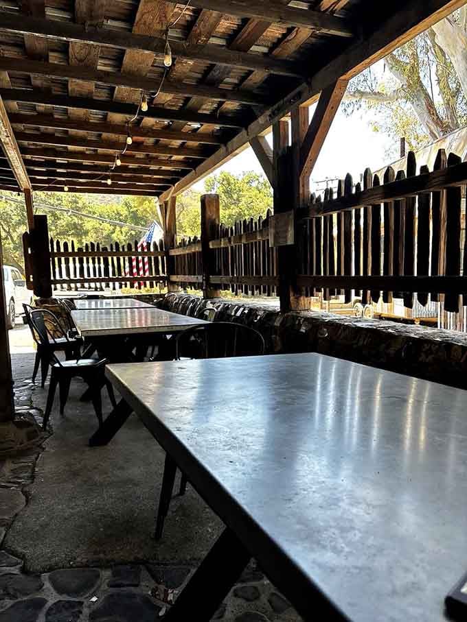 Covered outdoor patio seating lets you dine under the oaks surrounded by mountain air and sunshine.