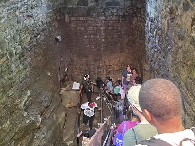 The descent begins as visitors line up for their underground adventure, anticipation building with each step.